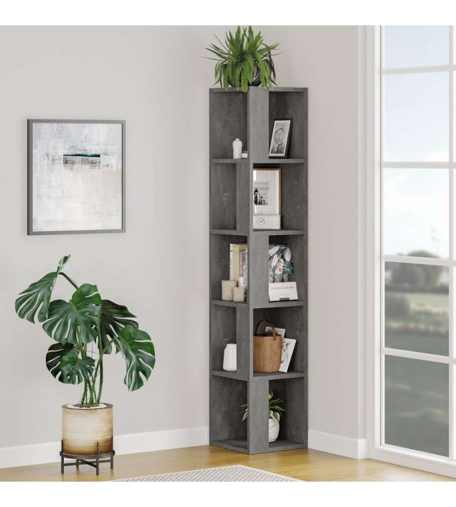Libreria Angolare Piano Cemento 5 Ripiani 31, 4x31, 4x158, 9